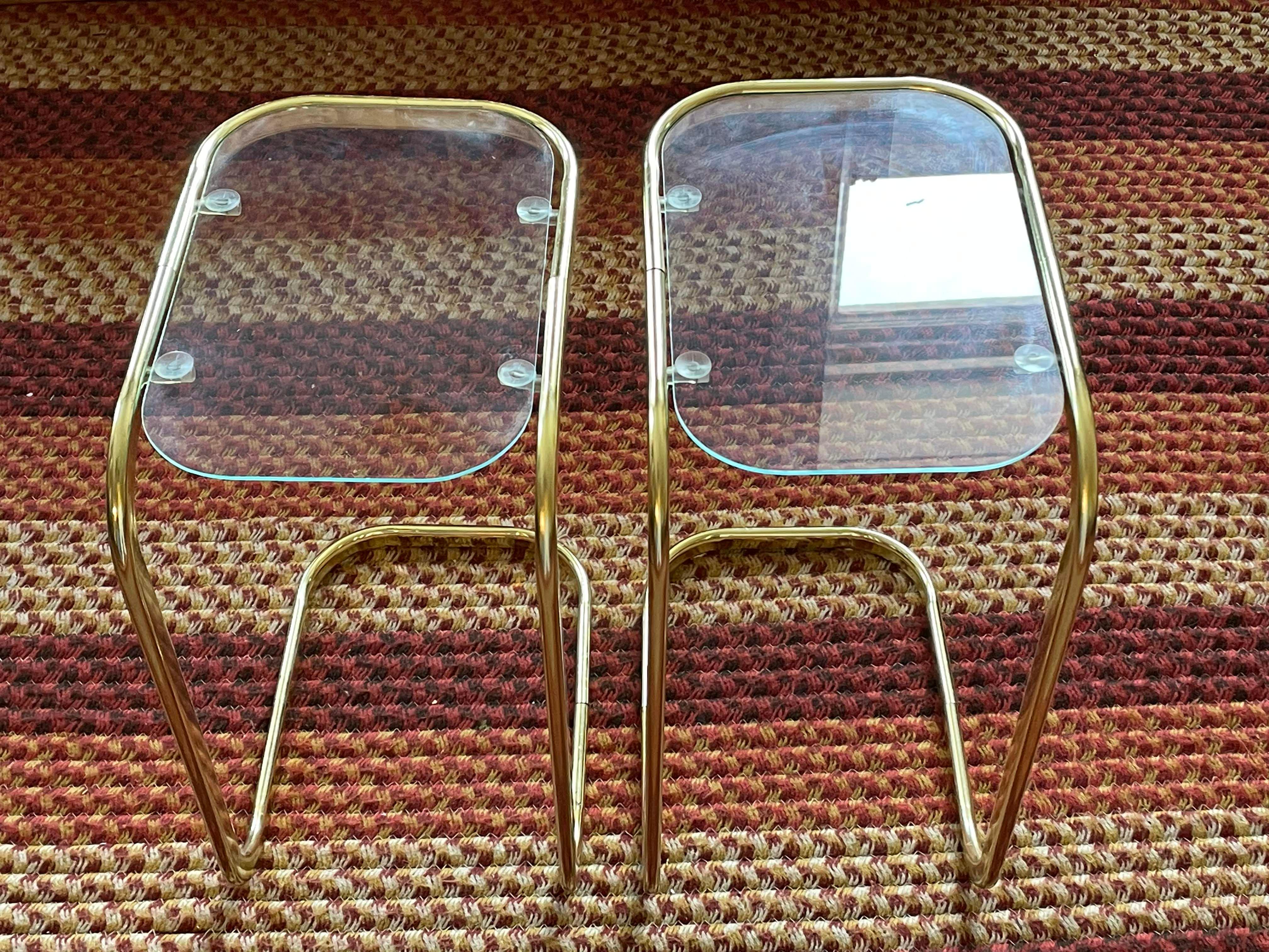 Milo Baughman Style Brass and Glass Cantilever Side End Tables (2) For ...