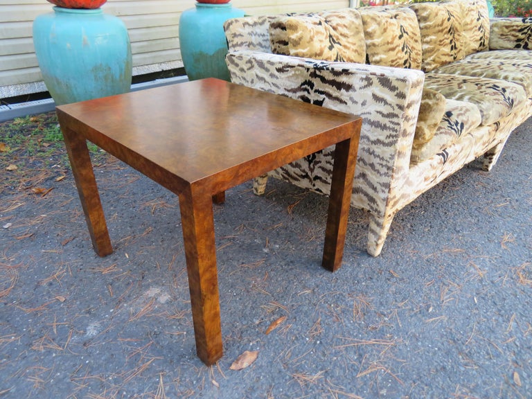 Milo Baughman Style Burl Walnut Parson Side End Table For Sale at 1stDibs