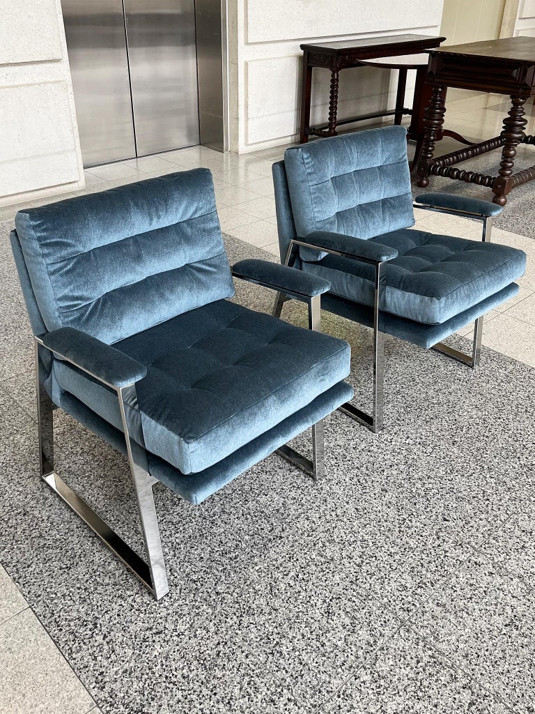 Milo Baughman Style Chrome and Velvet Armchairs - a Pair For Sale at ...