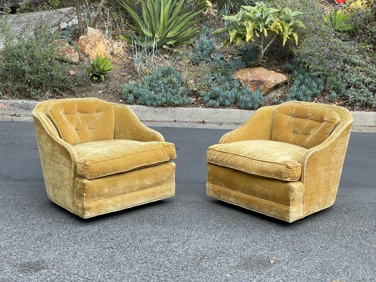 Milo Baughman Style Gold Crushed Velvet Swivel Club Chairs, a Pair at ...