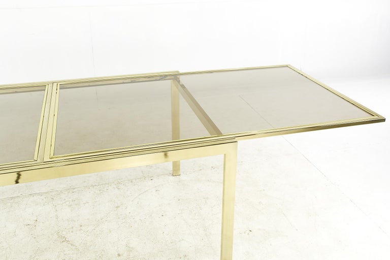 Milo Baughman Style Mid Century Brass and Smoked Glass Extension Dining ...