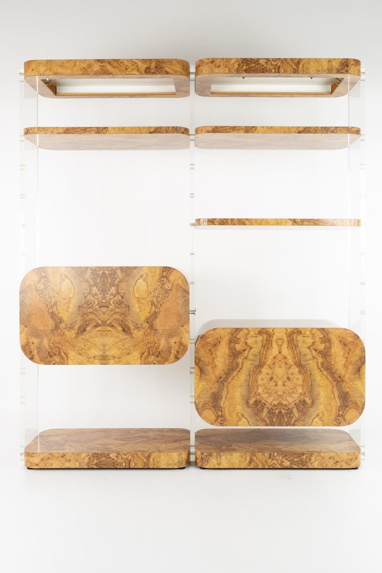 Milo Baughman Style Mid Century Burlwood Laminate and Lucite Bookcases ...