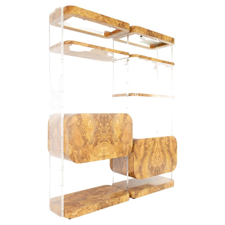 Milo Baughman Style Mid Century Burlwood Laminate and Lucite Bookcases ...