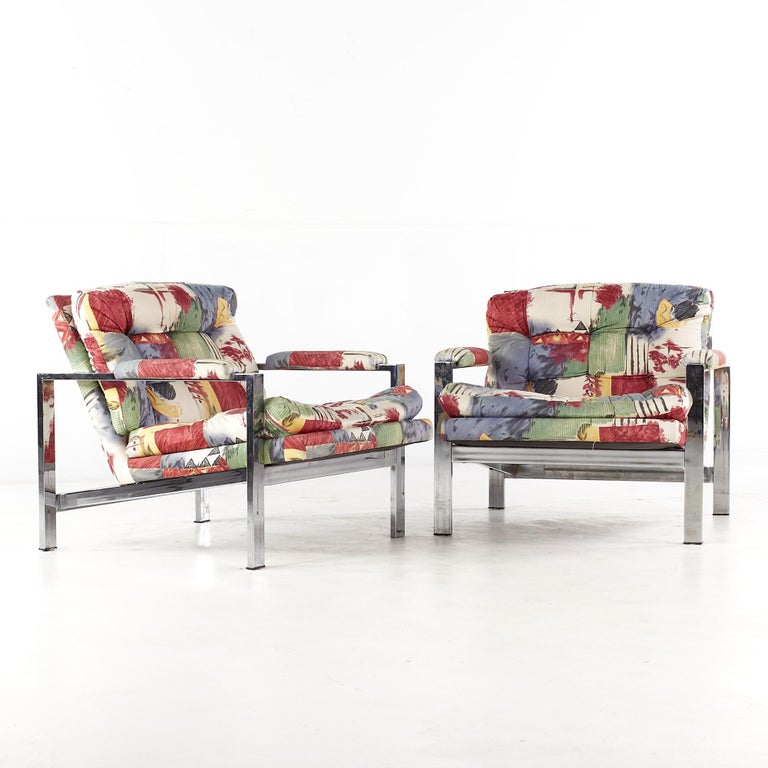 Milo Baughman Style Mid Century Chrome Flatbar Lounge Chairs, Pair For ...