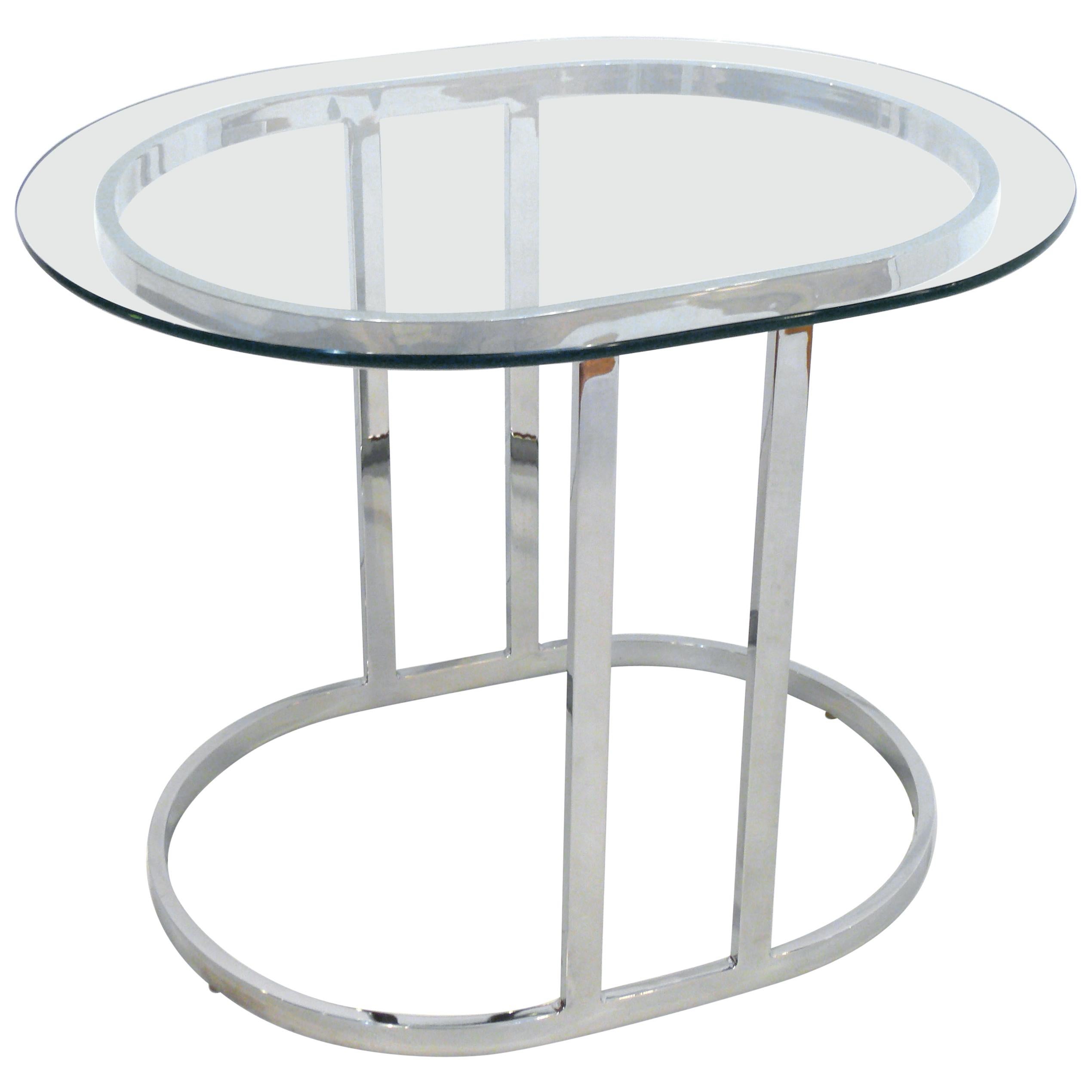 Milo Baughman Style Oval Chrome and Glass Side Table at 1stDibs