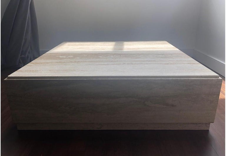 Milo Baughman Style Travertine Plinth Monolith Stone Cubic Coffee Table ...