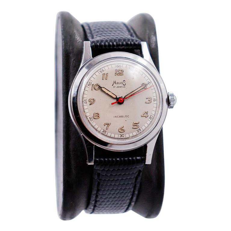 Milos Steel Art Deco Round Watch with Original Dial 1940's New, Old ...