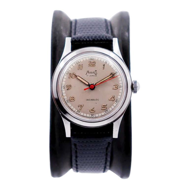Milos Steel Art Deco Round Watch with Original Dial 1940's New, Old ...