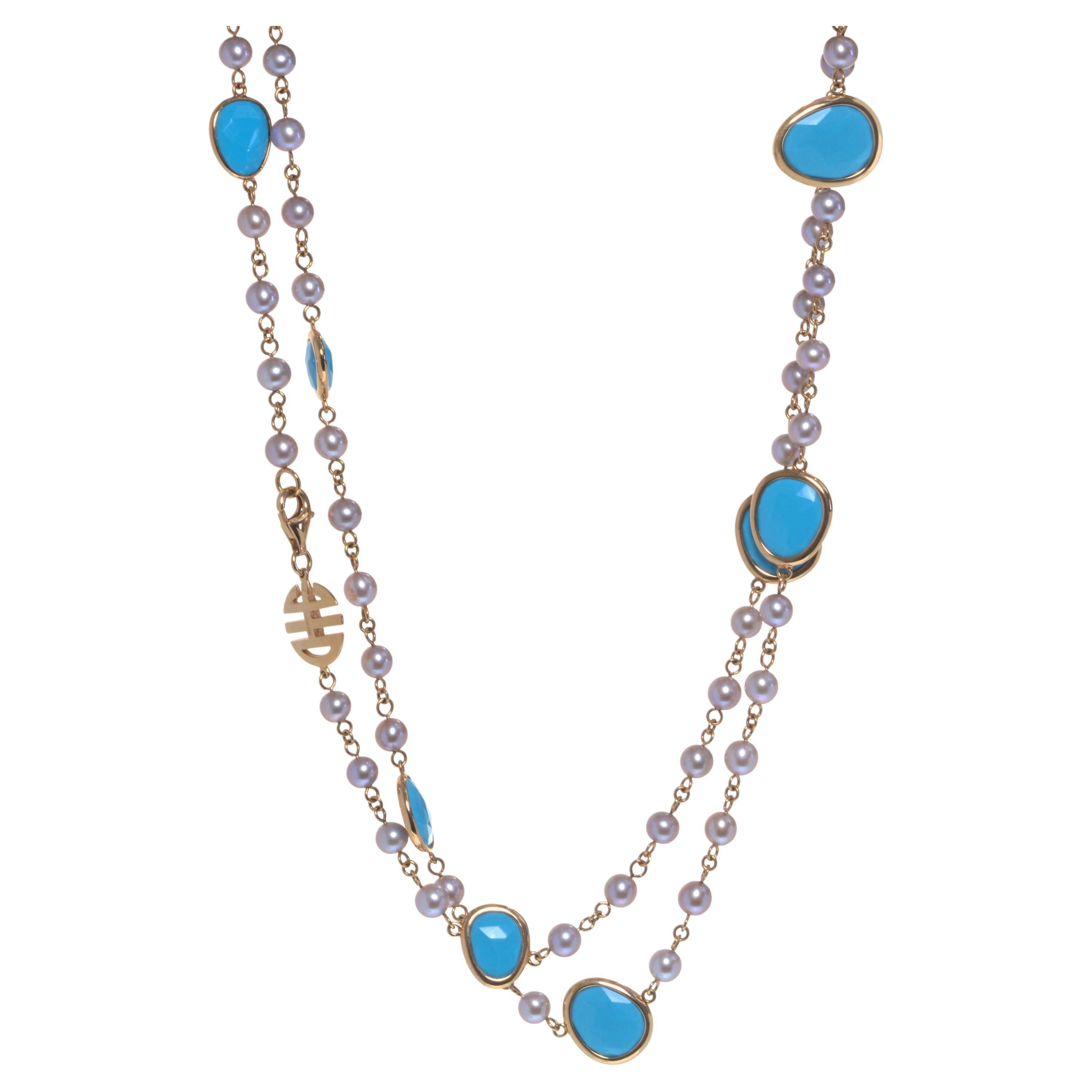 Mimi Milano Very Long Turquoise and Pearl Gold Necklace For Sale at ...