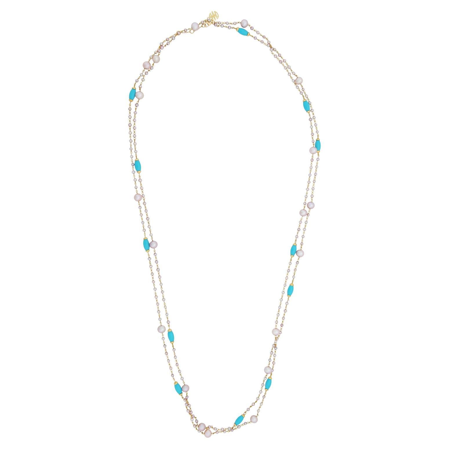 Mimi Milano Very Long Turquoise and Pearl Gold Necklace For Sale at ...