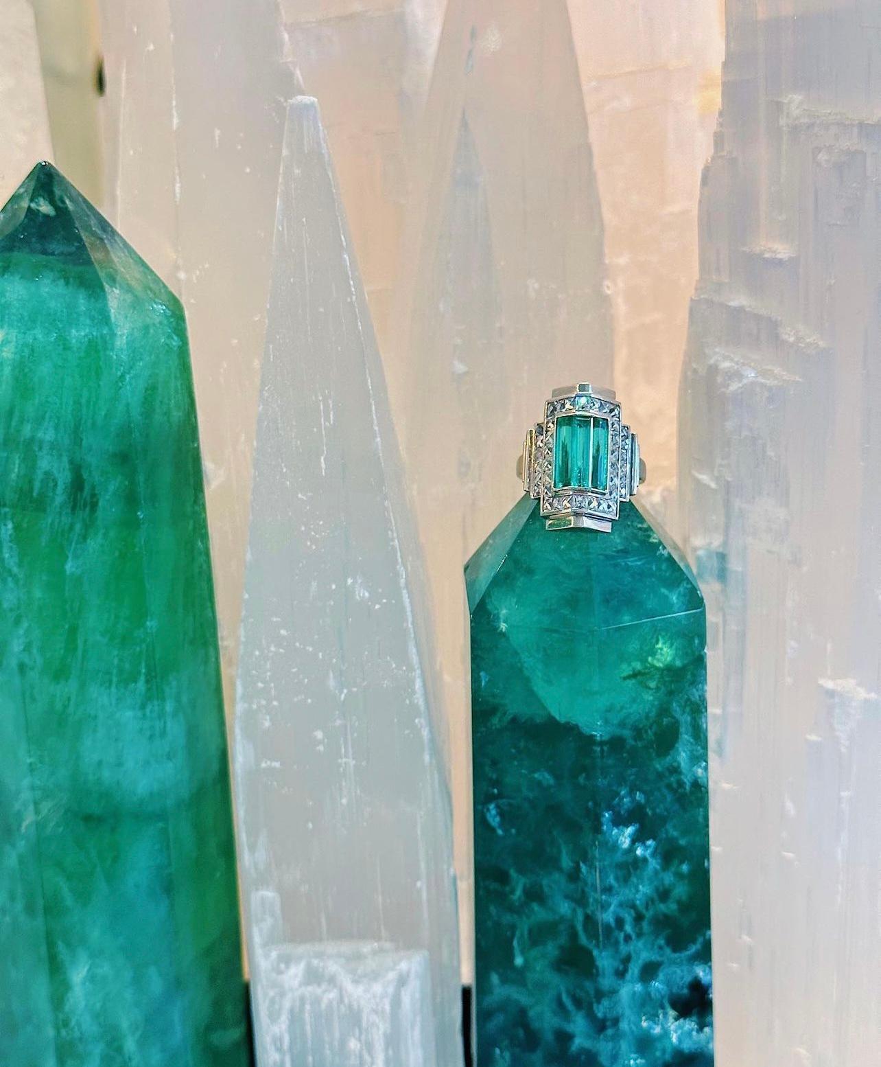 Mindi Mond Emerald French Cut Diamond Step Ring For Sale at 1stDibs