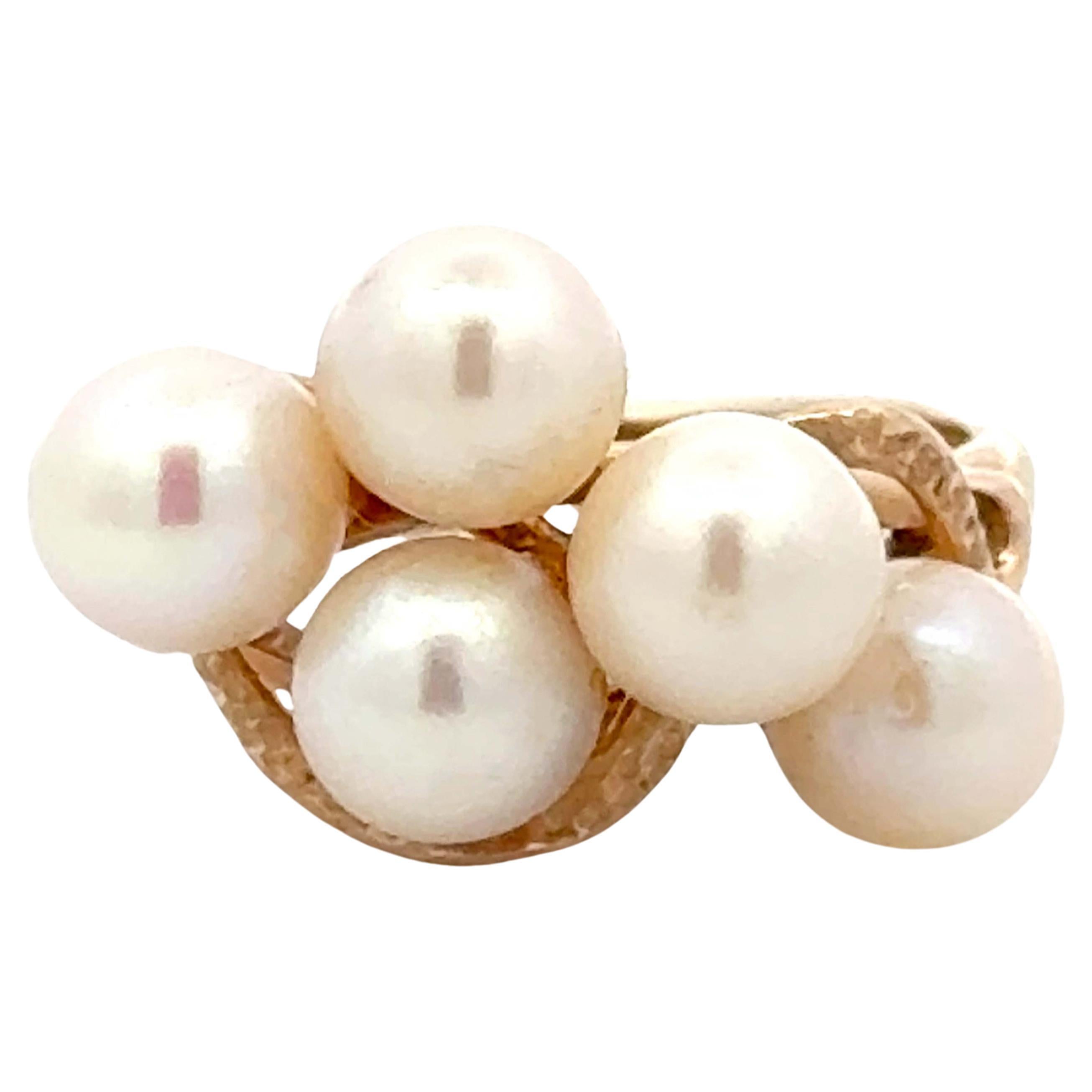 Mings 5 Akoya Pearl Leaf Ring 14k Yellow Gold For Sale at 1stDibs