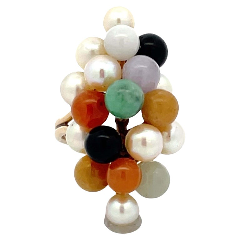 Mings Colorful Jade and Pearl Cluster Ring in 14k Yellow Gold For Sale ...