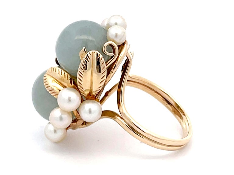 Mings Double Jade Ball and Pearl Leaf Design Ring in 14k Yellow Gold ...