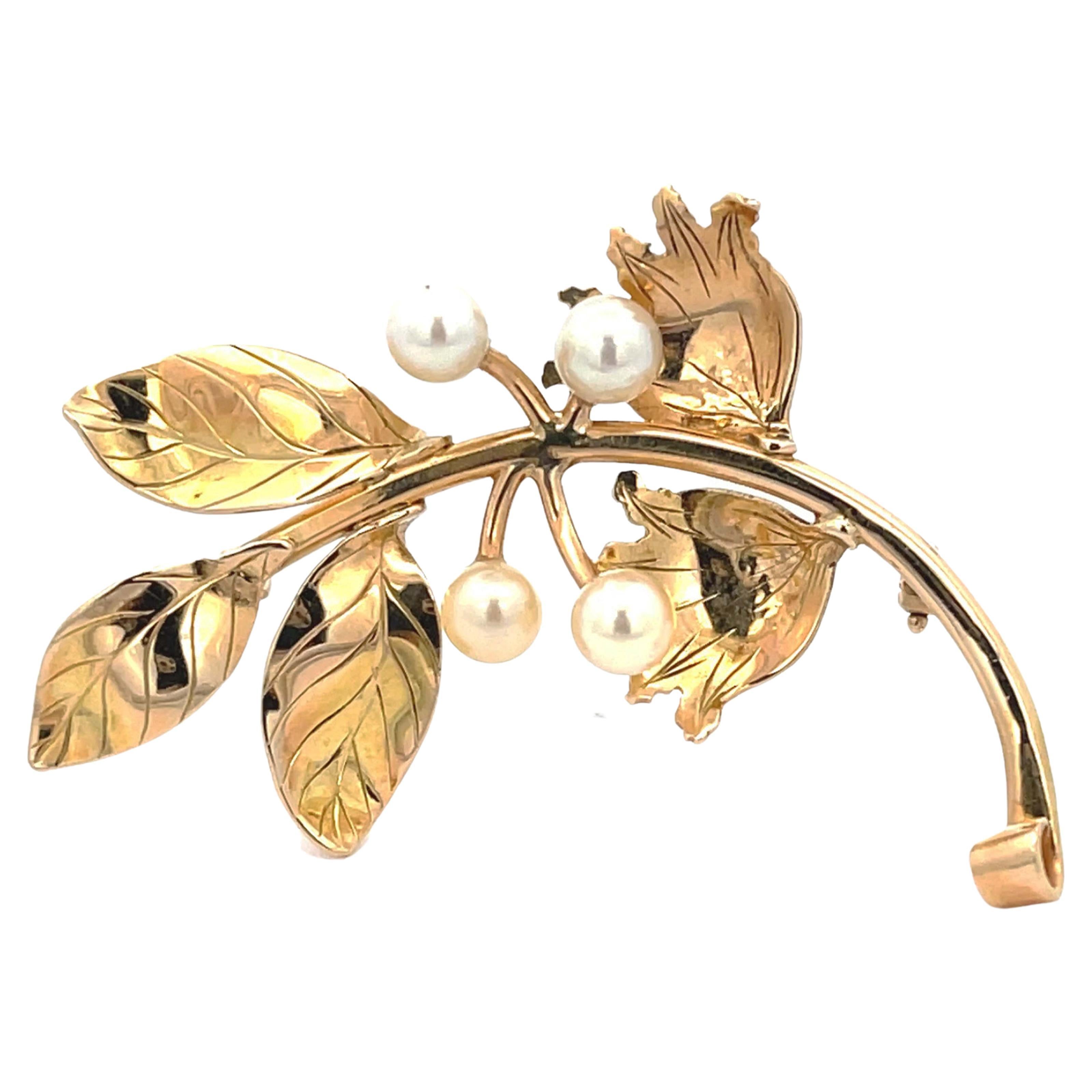 Mings Flower and Leaf Akoya Pearl Brooch in 14k Yellow Gold For Sale at ...