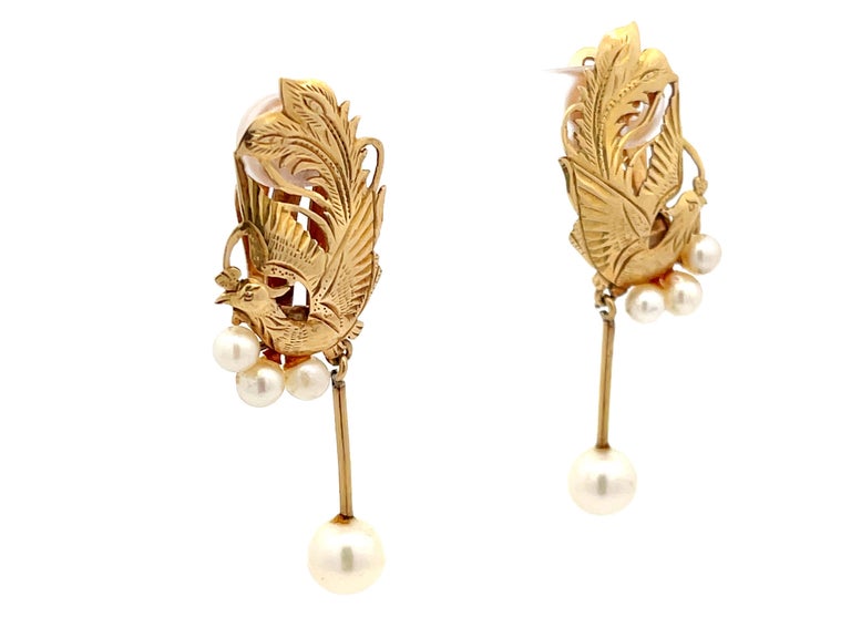 Mings Gold Carved Phoenix Clip on Earrings with Dangly Pearl in 14k For ...