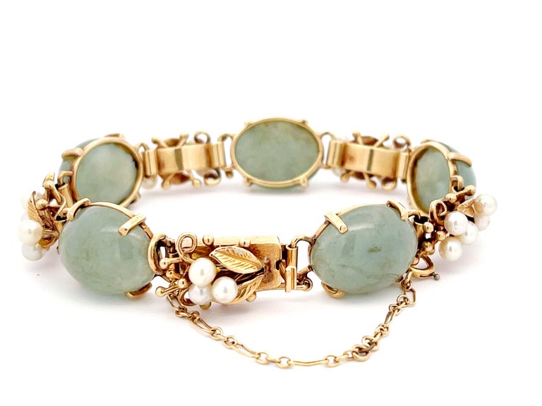Mings Hawaii Jade and Pearl Leaf Bracelet in 14k Yellow Gold For Sale ...
