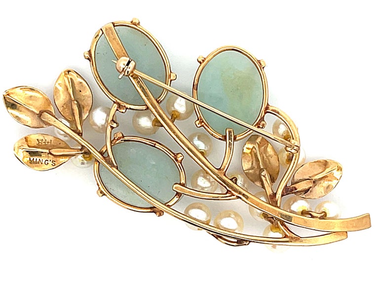 Mings Hawaii Jade and Pearl Leaf Brooch in 14k Yellow Gold For Sale at ...