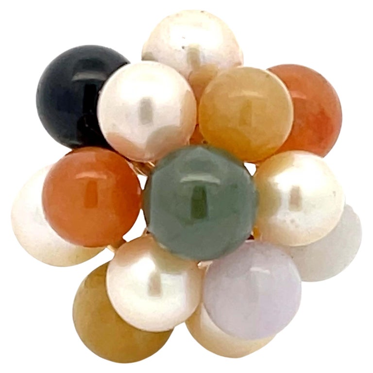 Mings Multi Colored Jade and Pearl Cluster Ring in 14k Yellow Gold For ...