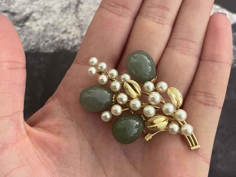 Mings Oval Jade Droplets Leaf and Pearl Brooch in 14k Yellow Gold For ...