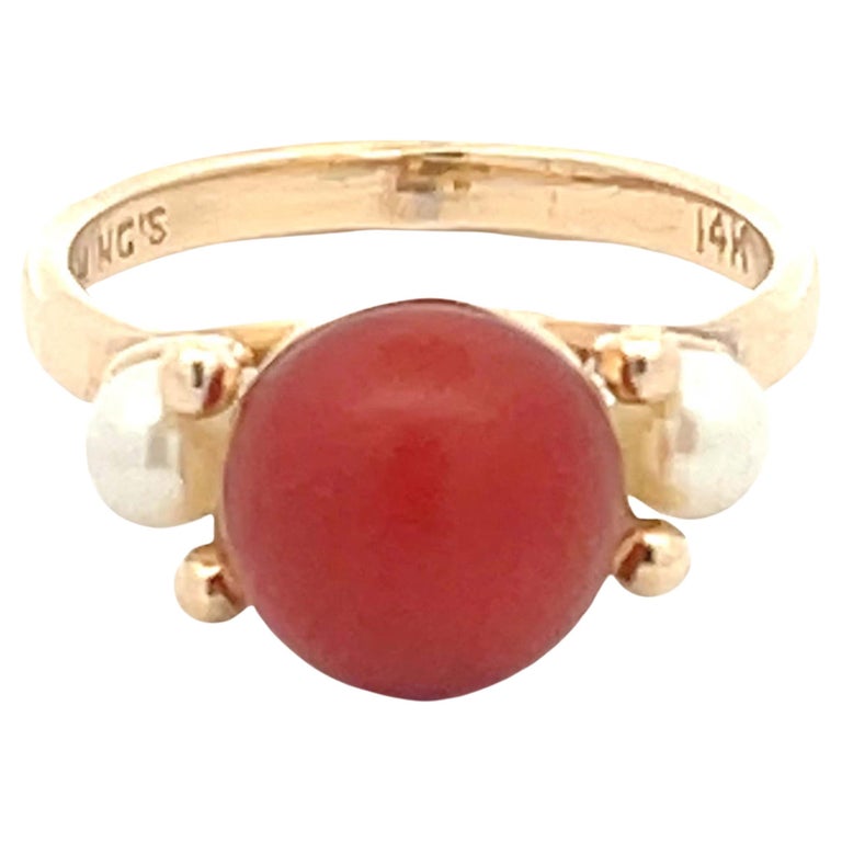 Mings Red Coral and Pearl Band Ring in 14k Yellow Gold For Sale at 1stDibs