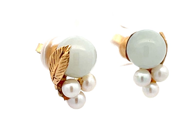 Mings White Jade Sphere, Pearls and Leaves Earrings in 14k Yellow Gold ...