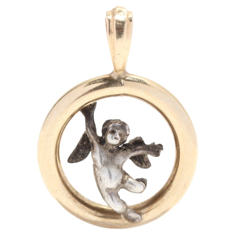 Mini Baby Angel Circle Charm, 10KT Yellow Gold, Sterling Silver For ...