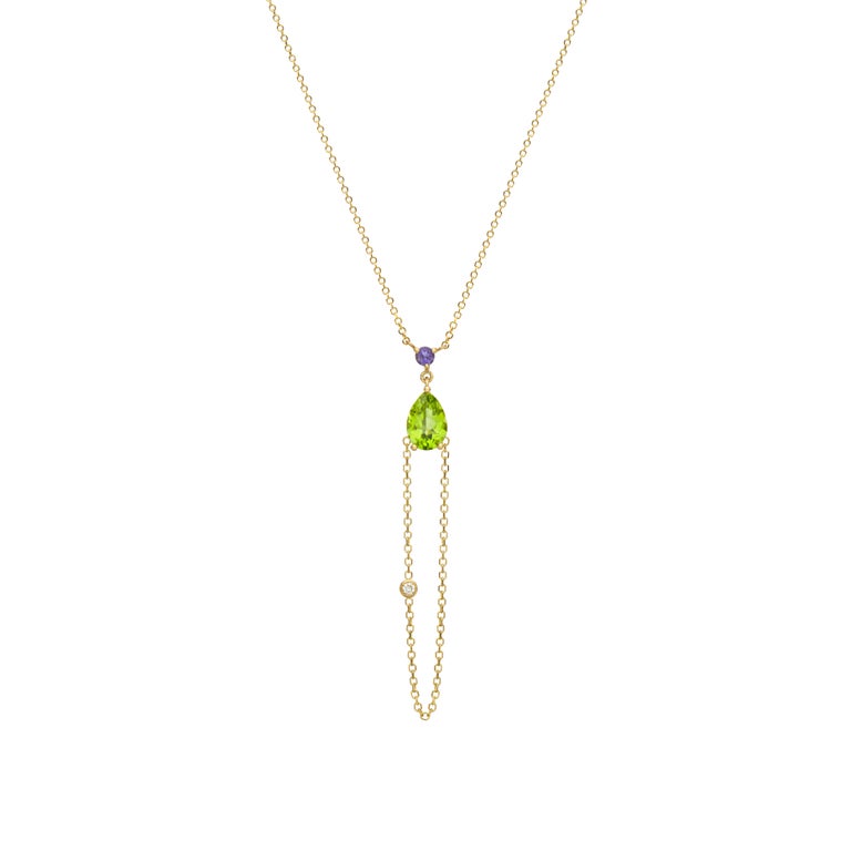 Mini Hanging Chain Pendant Necklace in 18Kt Gold with Peridot Iolitite ...
