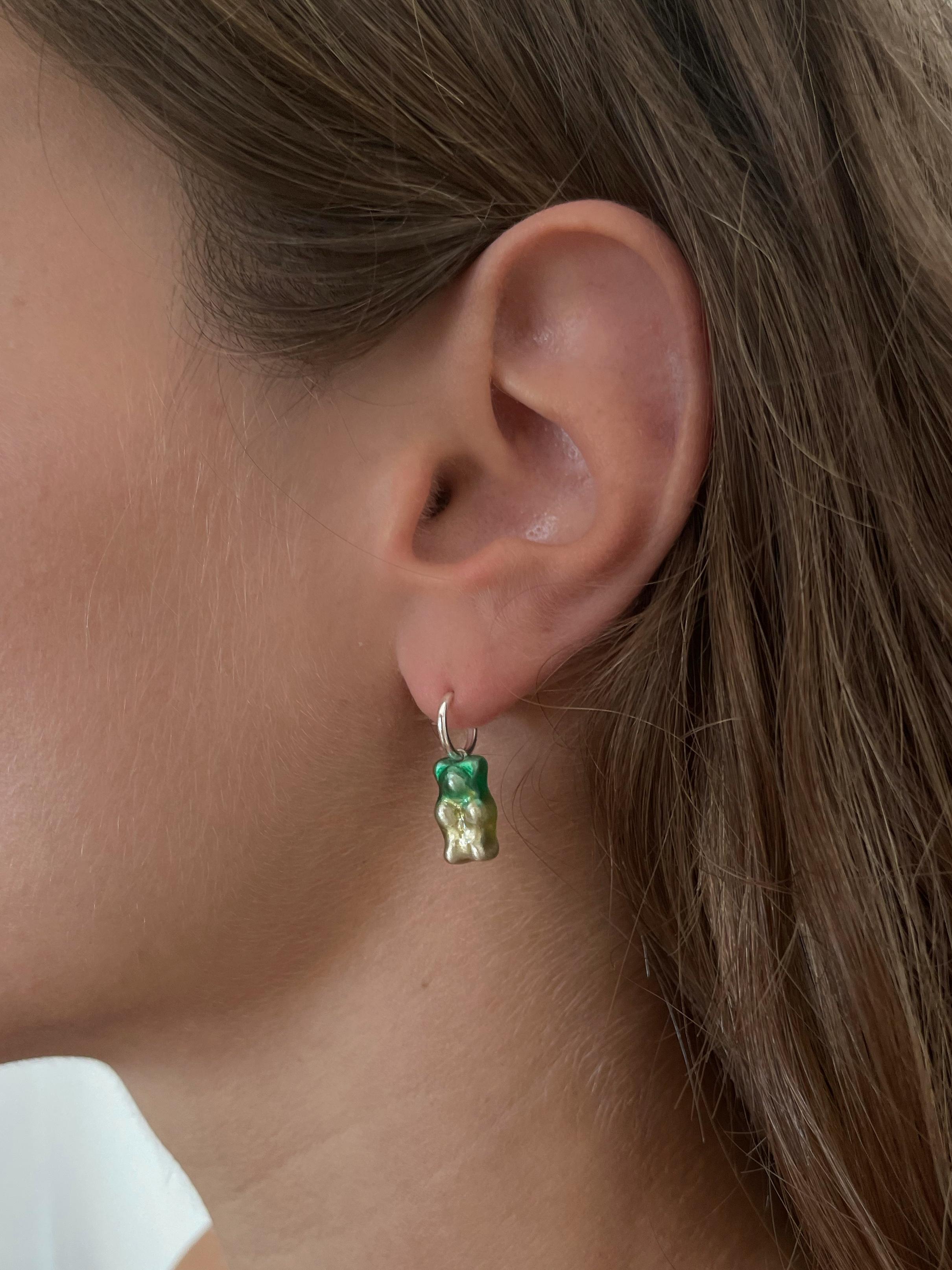Mini Hoops Earrings Gummy Bears 18 Karat Gold-Plated Silver Red Enamel ...