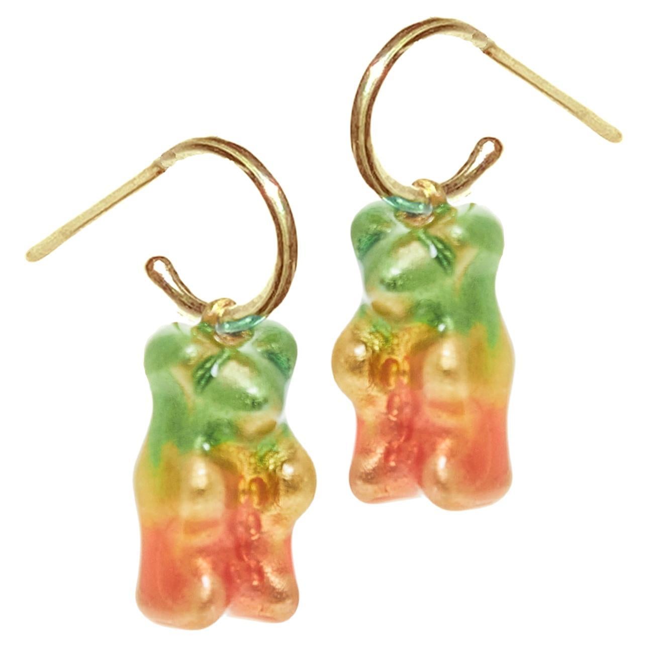 Mini Hoops Earrings Gummy Bears 18 Karat Gold-Plated Silver Red Enamel ...
