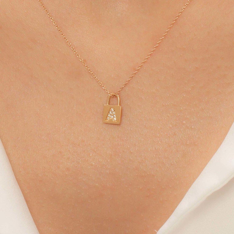 Mini Lock Initial Charm a Diamond Necklace 14K Rose Gold For Sale at ...