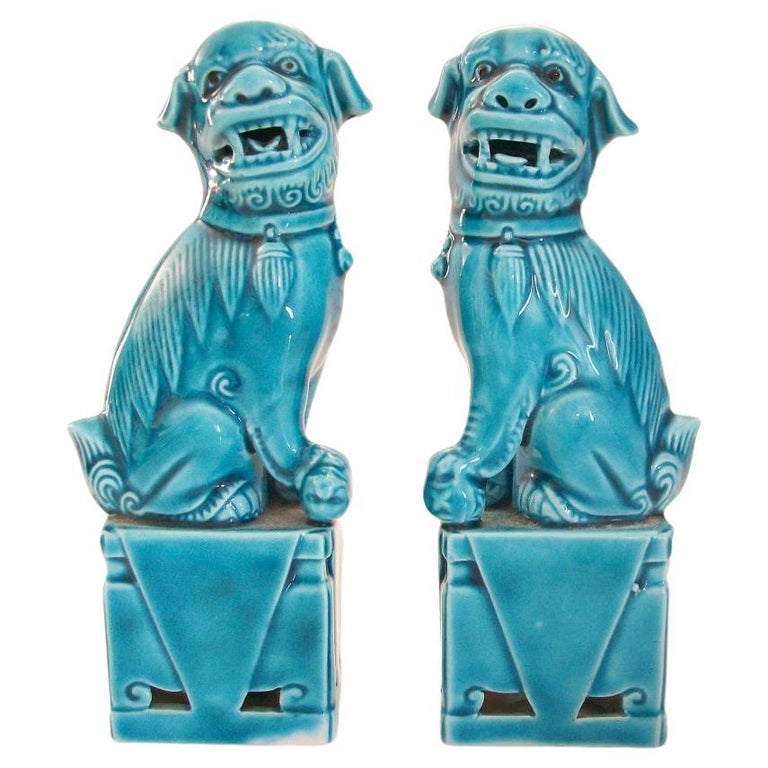 Mini Pair of Vintage Turquoise Glazed Ceramic Foo Dogs, China, circa ...