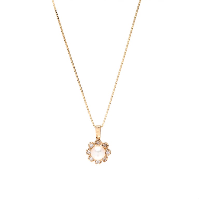 Mini Pearl Diamond Halo Pendant Necklace, 14k Yellow Gold For Sale at ...