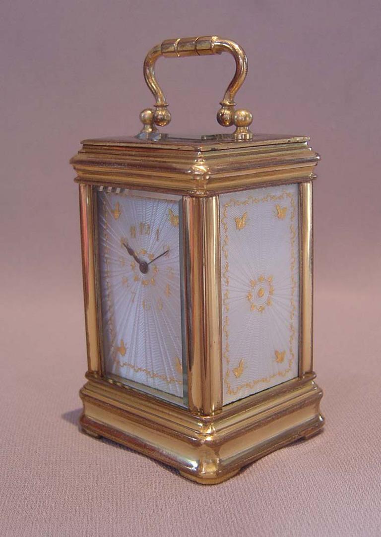 Miniature Carriage Clock with Guilloche Panels For Sale at 1stDibs