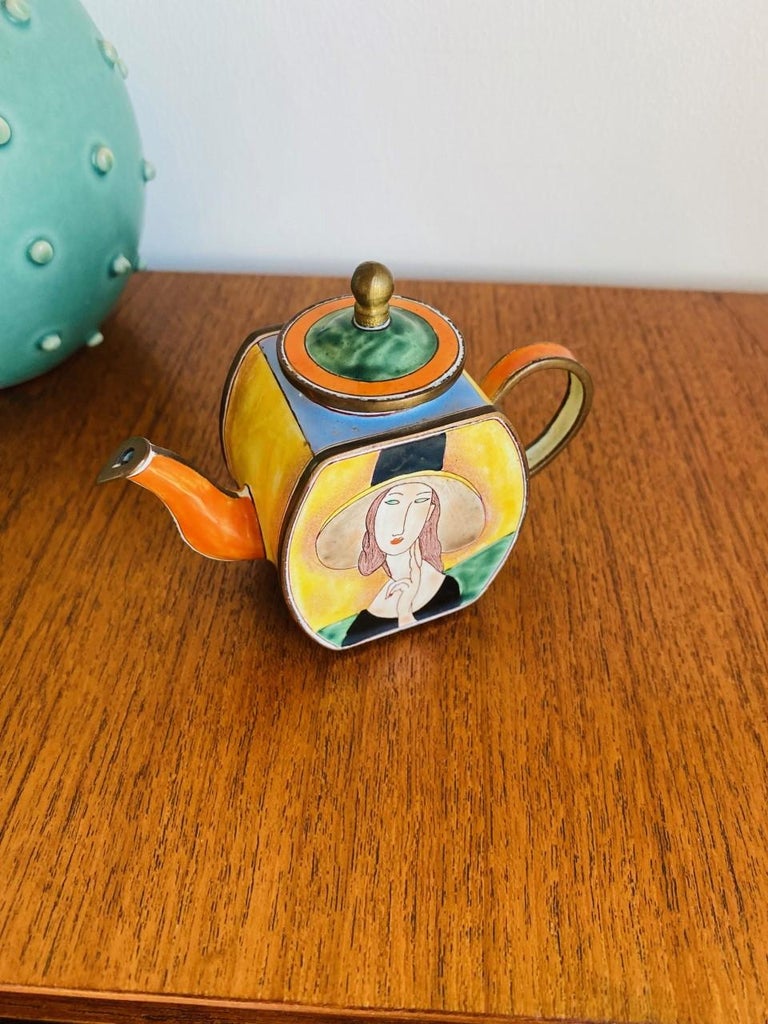 Miniature Enameled Tea Pot Hand Painted Modigliani Lady with Hat by Kelvin Chen For Sale at 1stDibs