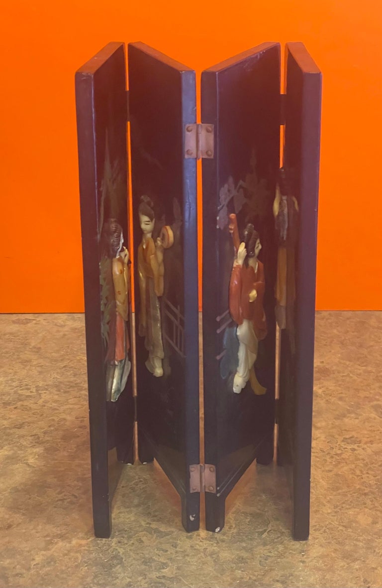 Miniature Four Panel Asian Figurine Folding Screen For Sale at 1stDibs