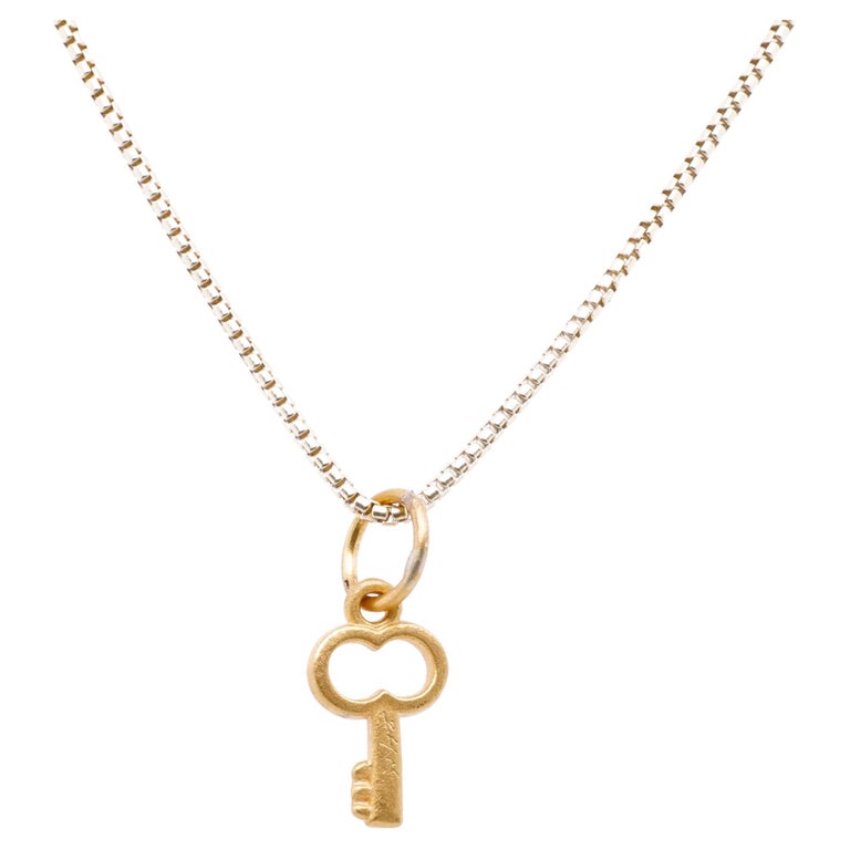 Miniature Key Charm Pendant Necklace, 24kt Solid Gold For Sale at 1stDibs