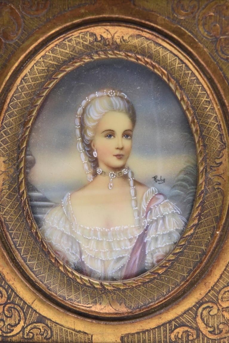 Miniature Lady Portrait by Ruby Hand Painted on Celluloid in Giltwood ...