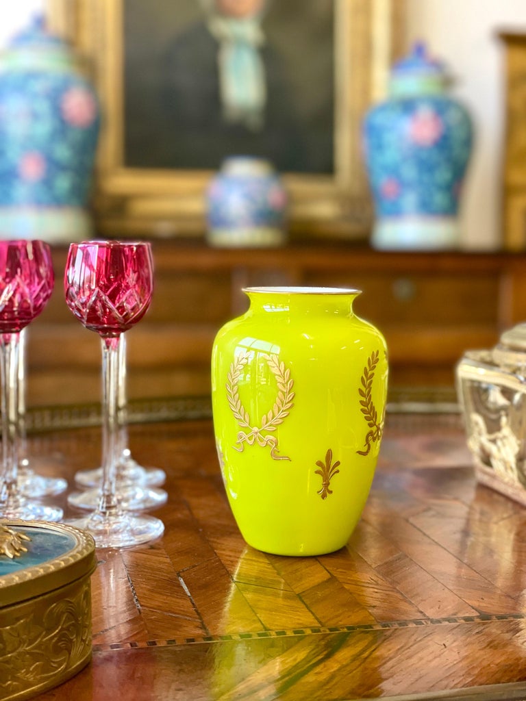 Opaline Glass Vase in Chartreuse Yellow For Sale at 1stDibs