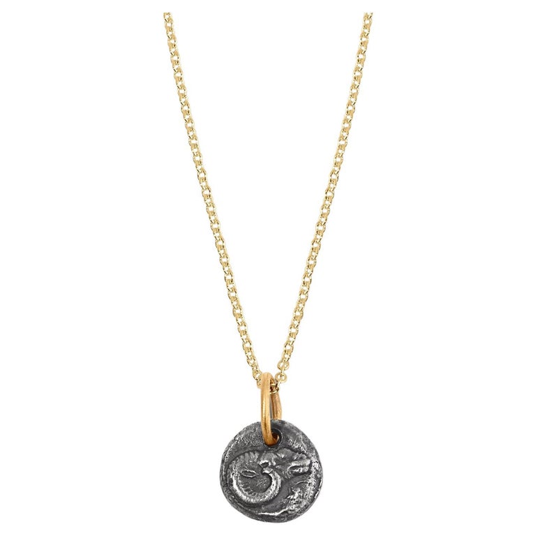 Miniature Ram Coin Pendant Amulet, Sterling Silver and 24K Yellow Gold ...