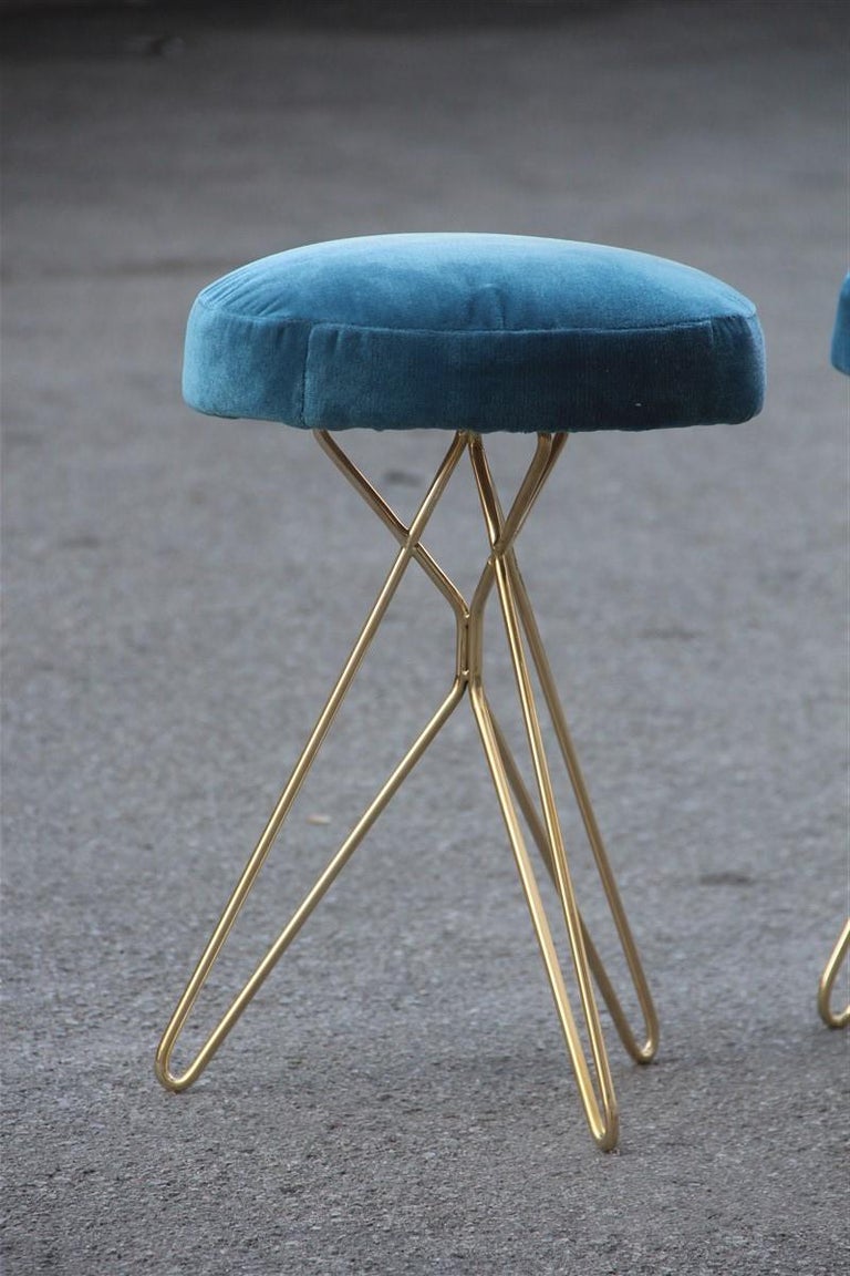 Minimal Geometric Pair of Stools New Brass Velvet Blu Italian Design ...