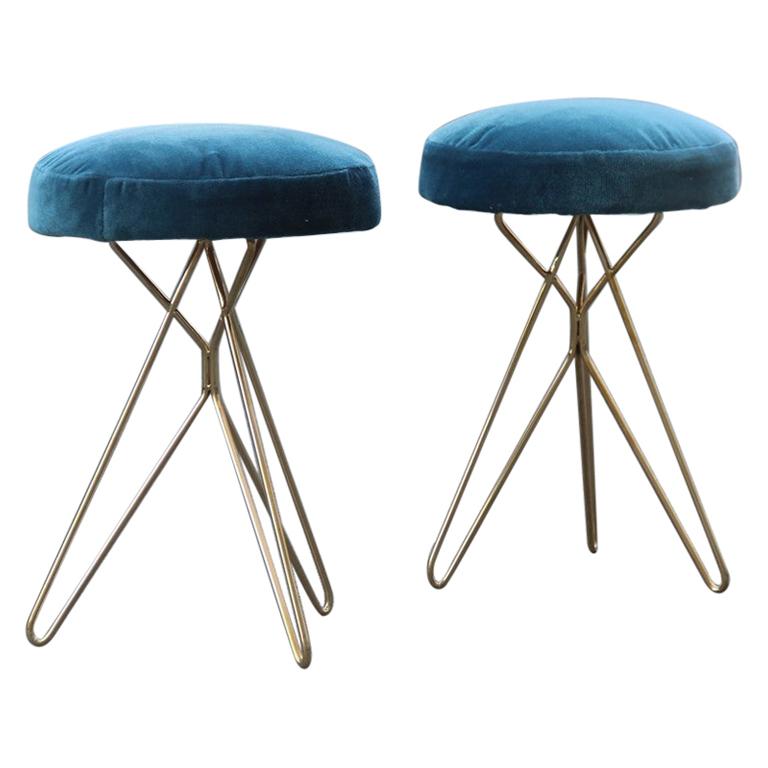 Minimal Geometric Pair of Stools New Brass Velvet Blu Italian Design ...