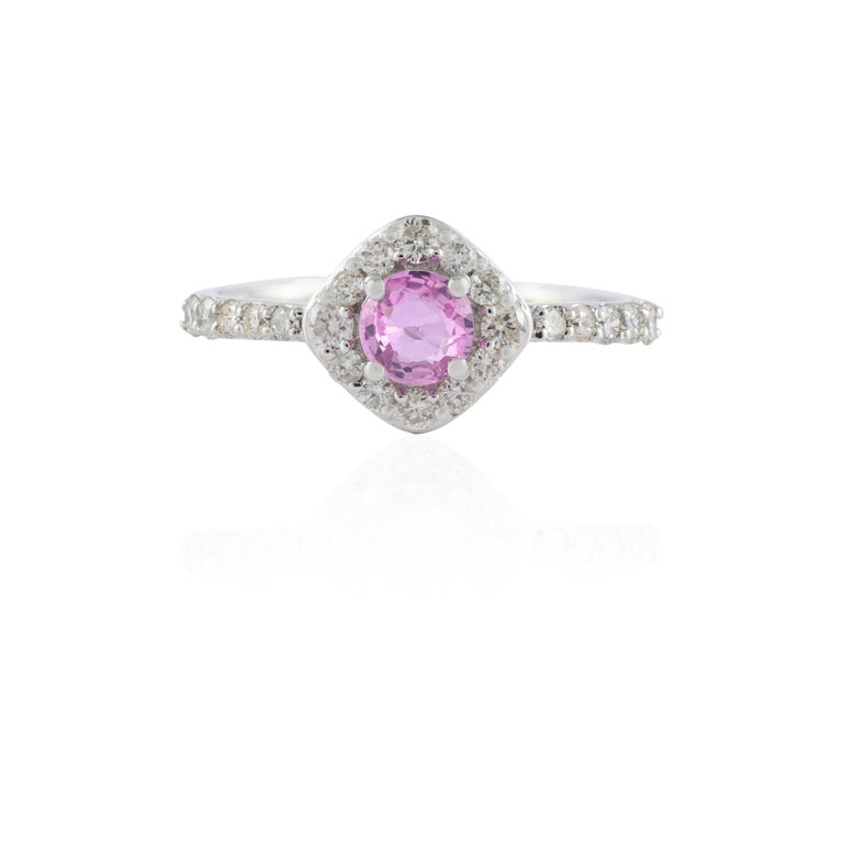 Customizable Minimal Halo Diamond and Pink Sapphire Ring Studded in 14k ...