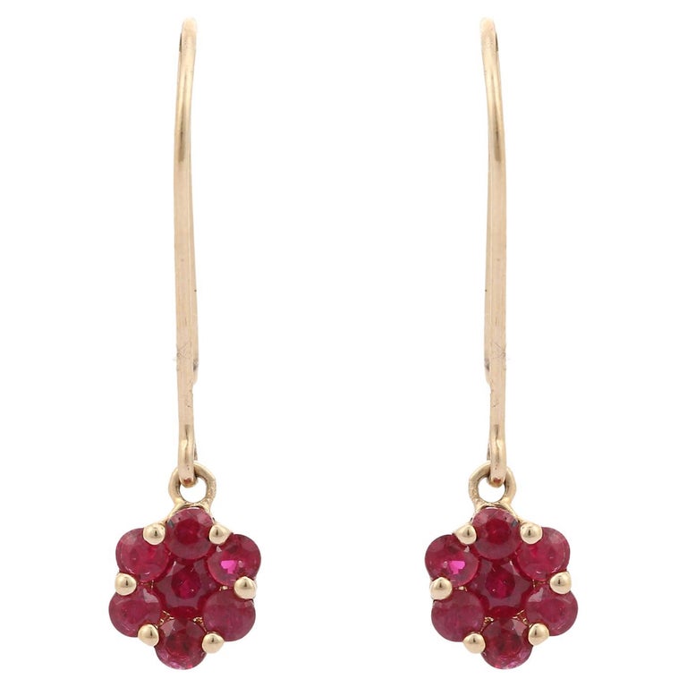 Minimalist 14K Yellow Gold Cluster Ruby Flower Hanging Hook Earrings For Sale at 1stDibs