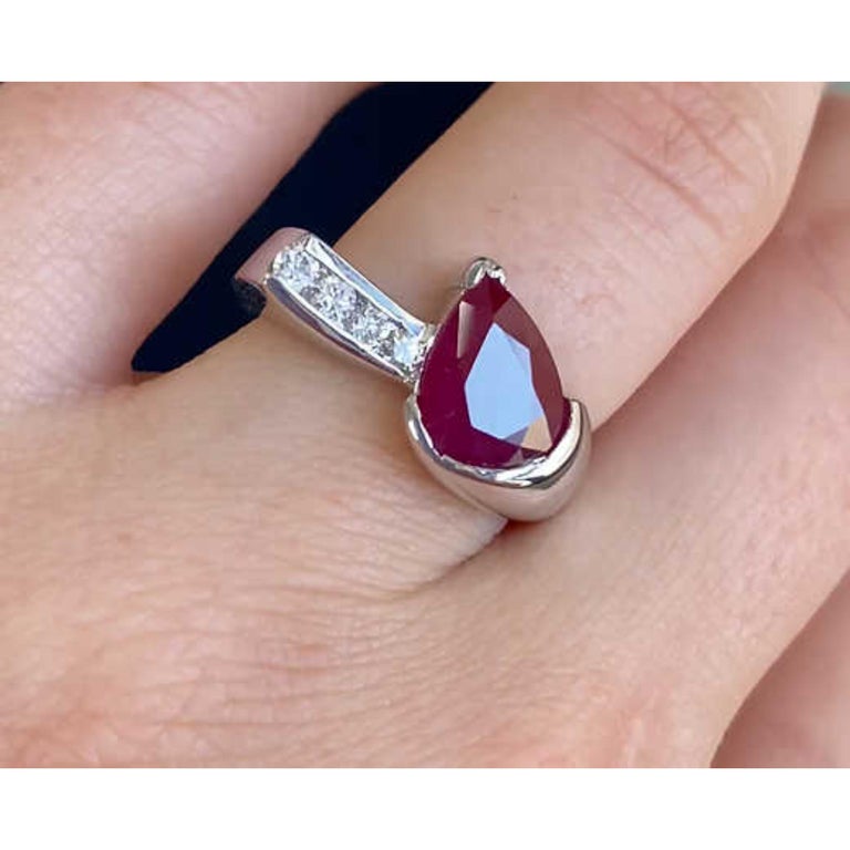 Customizable Minimalist 3 Carat Pear Cut Ruby and Diamond White Gold ...