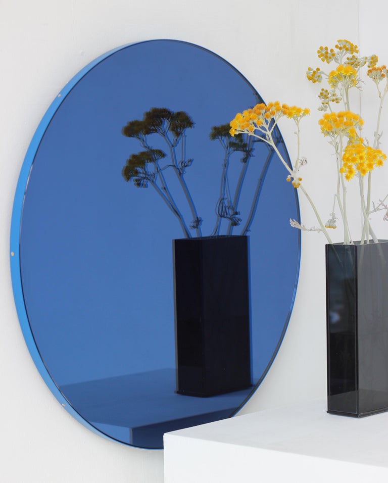 Orbis Blue Tinted Bespoke Round Mirror with a Modern Blue Frame - Small ...