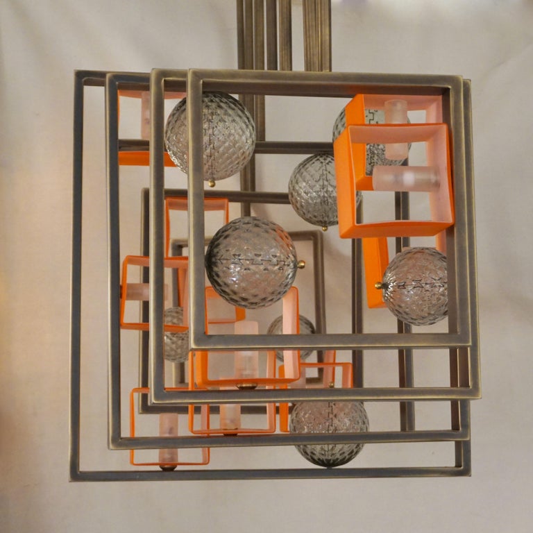 Minimalist Bronze Brass Cubic Chandelier with Orange and White Murano ...