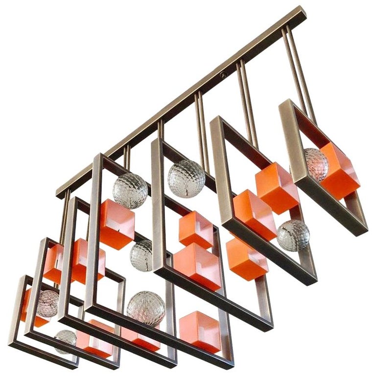 Minimalist Bronze Brass Cubic Chandelier with Orange and White Murano ...