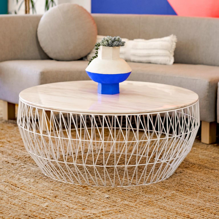 Minimalist Coffee Table, Wire Center Table in White with Smoked Glass ...