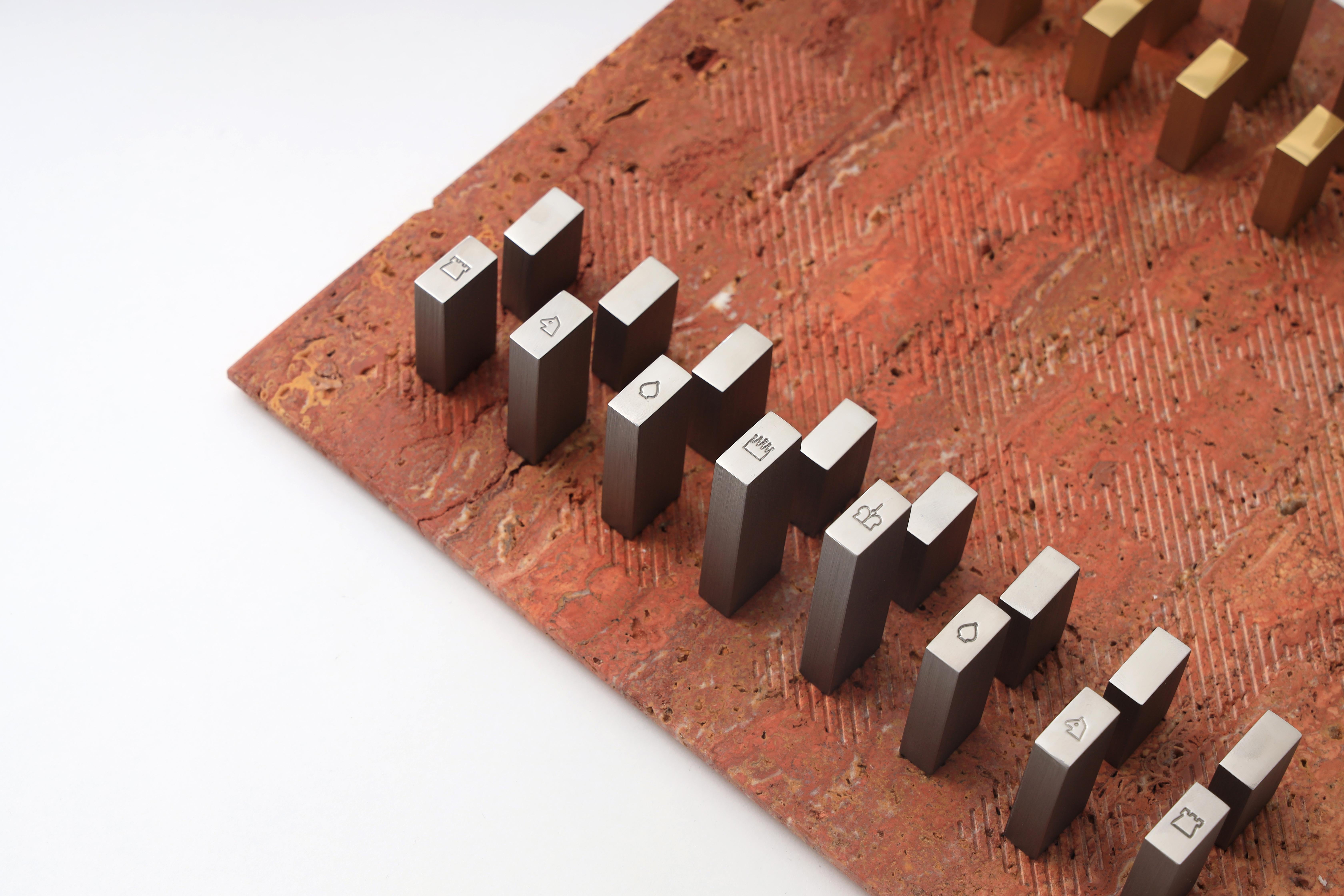 Minimalist Handcrafted Travertino Rosso Marble Chess Set by Tarek ...